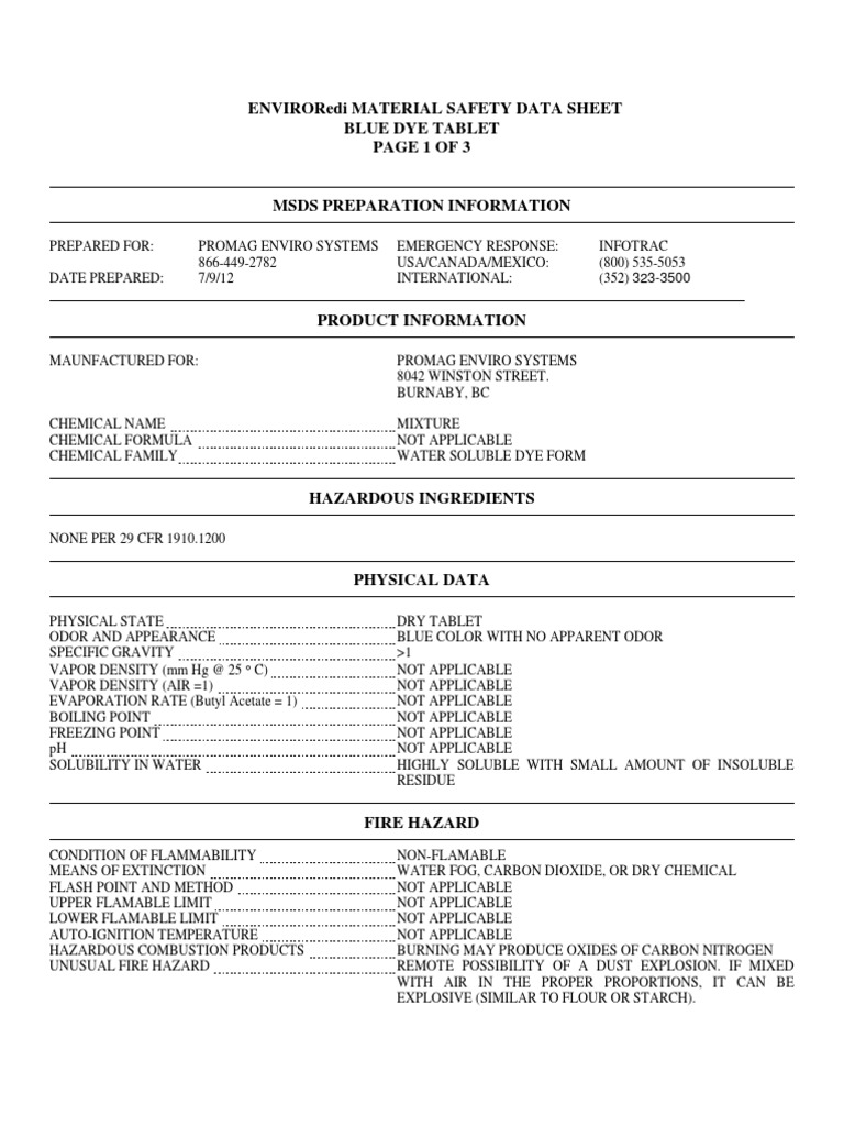 Dye Tracing MSDS ENVIRORedi Blue Tablets | PDF | Personal Protective ...