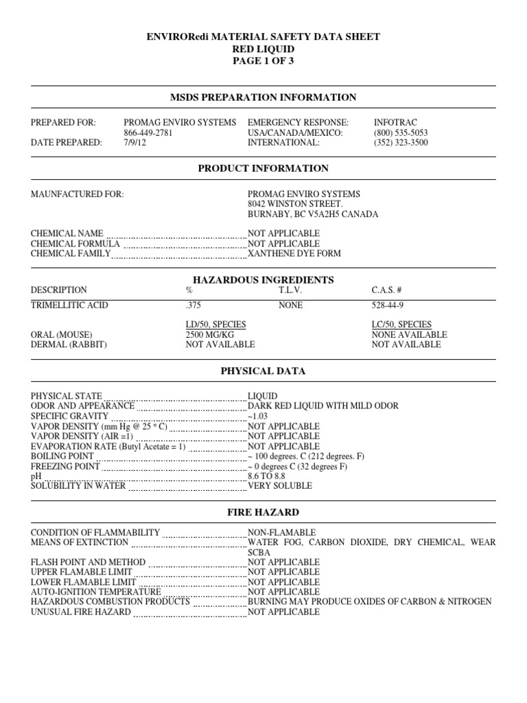 Red Liquid MSDS for Enviro Systems | PDF | Combustion | Toxicity