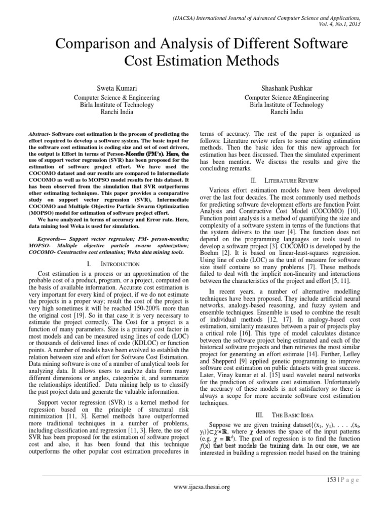 Paper 24 Comparison And Analysis Of Different Software Cost Estimation