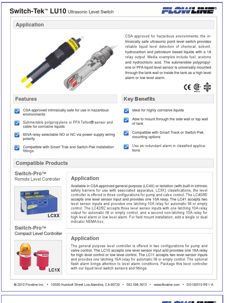 FlowLine Level Switch Sensors Switch-Tek LU10 Data Sheet | PDF | Relay ...