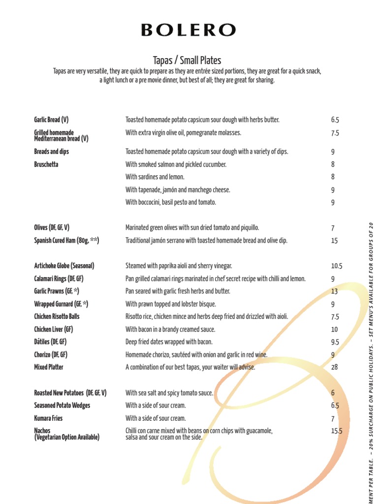 Bolero Restaurant Tapas Menu | PDF | French Fries | European Cuisine