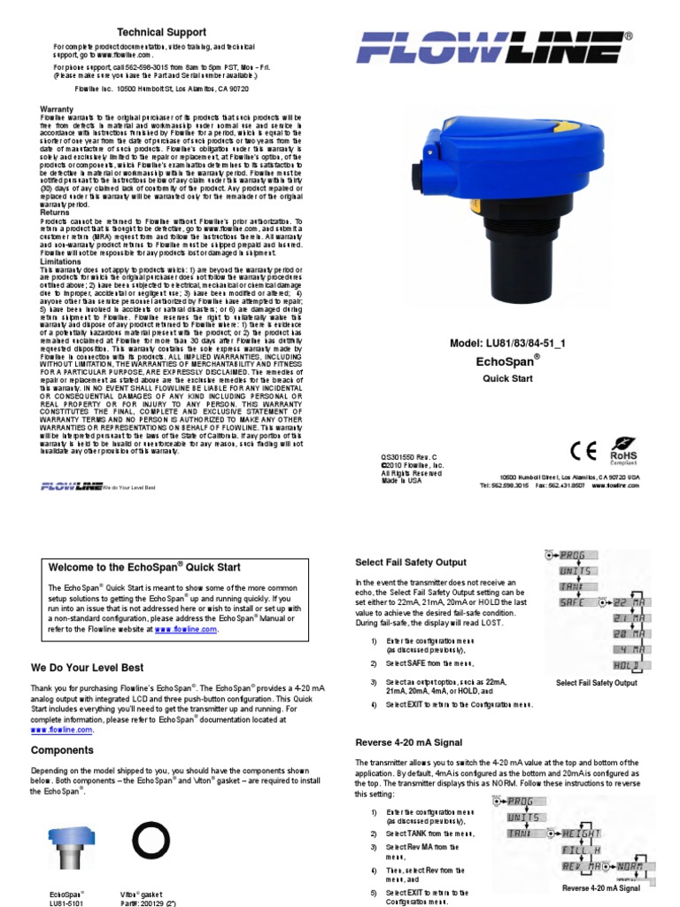 FlowLine Level Transmitter Ultrasonic EchoSpan LU81 LU83 LU84 Quick Start | PDF | Implied ...