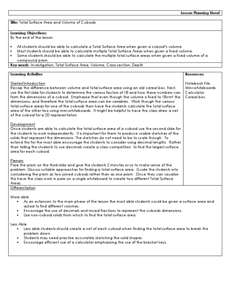 Surface Area & Volume Lesson Plan | Surface Area | Volume