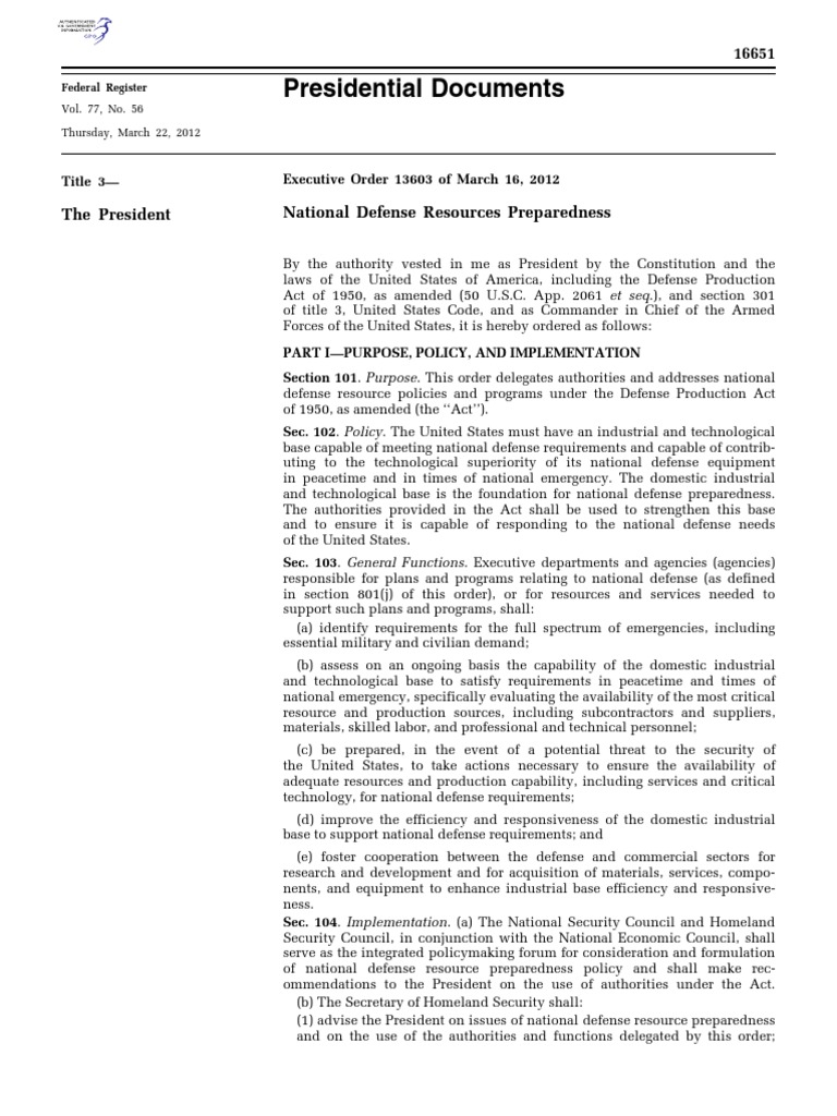 National Defense Resources Preparedness Order | PDF | Military | United ...