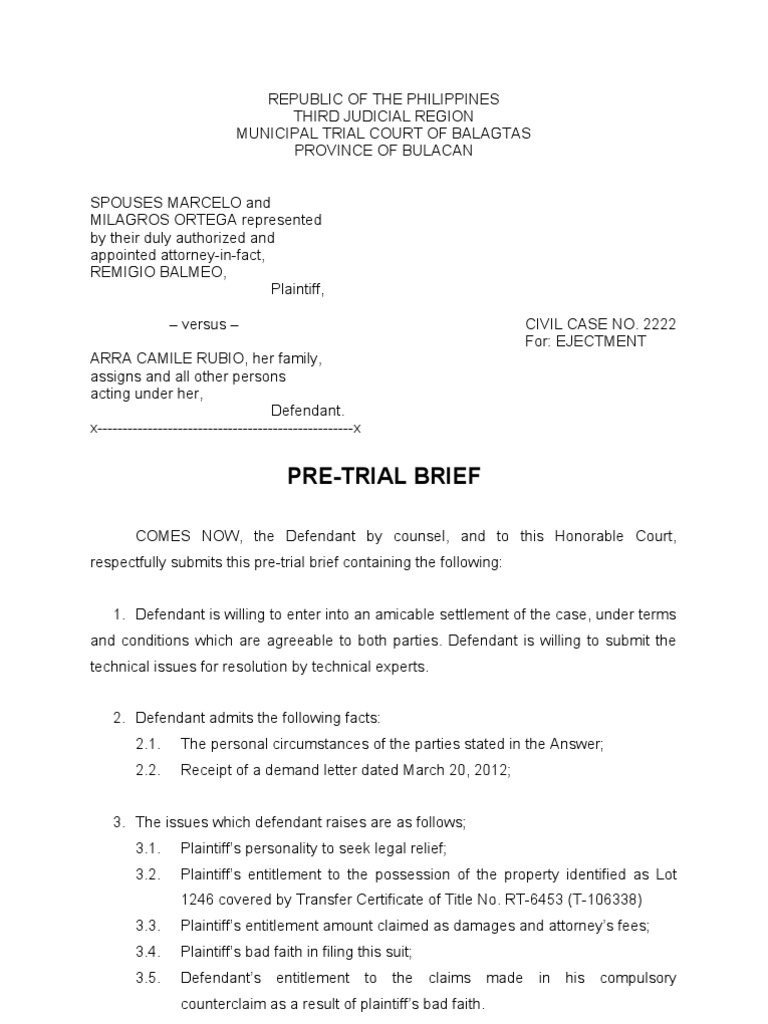Pre-Trial Brief | Lawsuit | Legal Procedure
