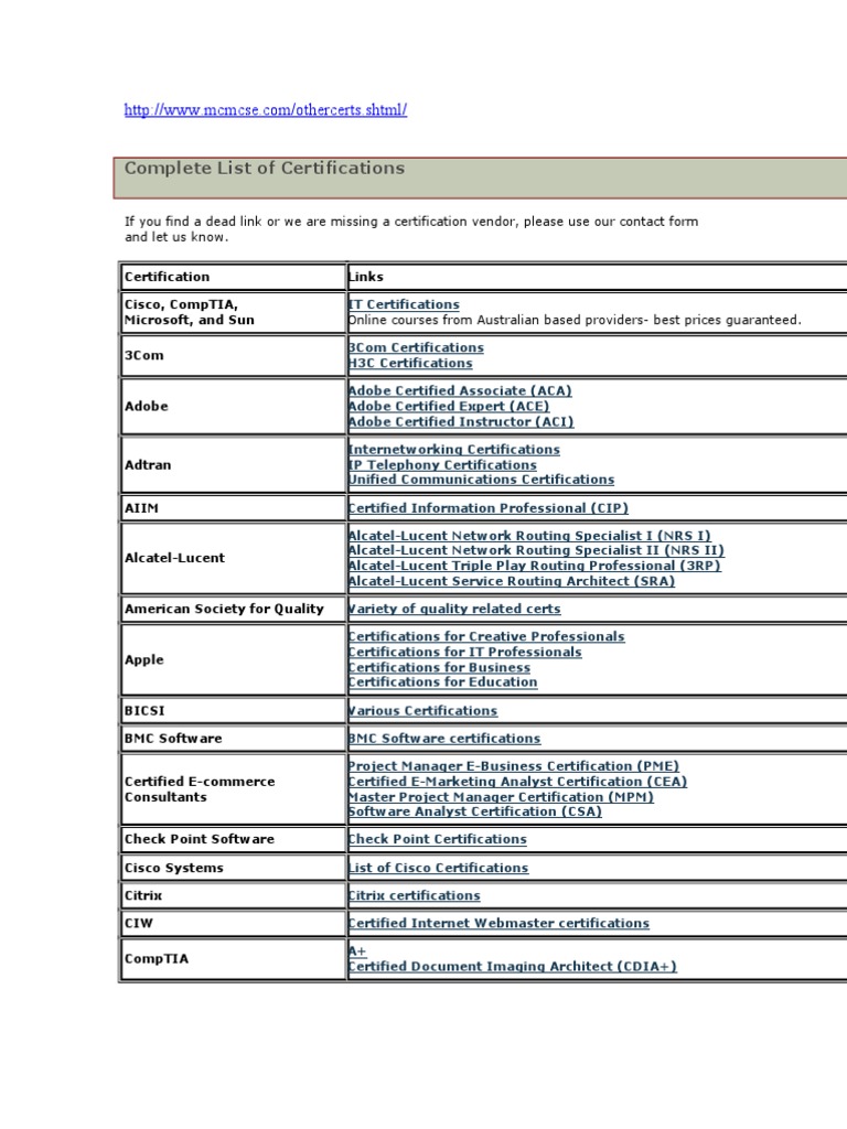 Complete List of IT Information Technology - CSE Certifications | PDF ...