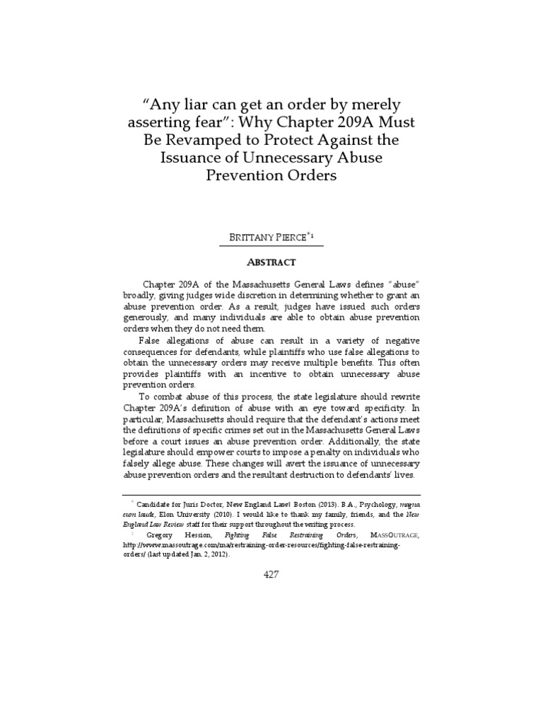 Revamping Chapter 209A Abuse Orders | PDF | Restraining Order | Assault