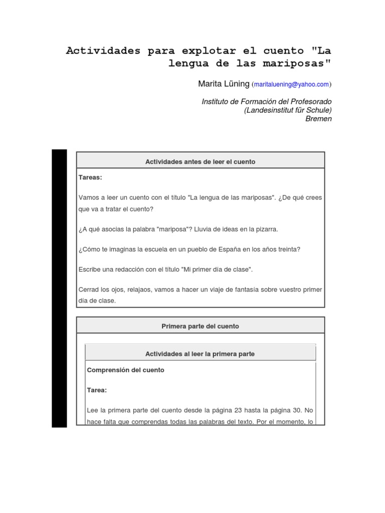 Actividades para "La lengua de las mariposas" | PDF | Cuentos