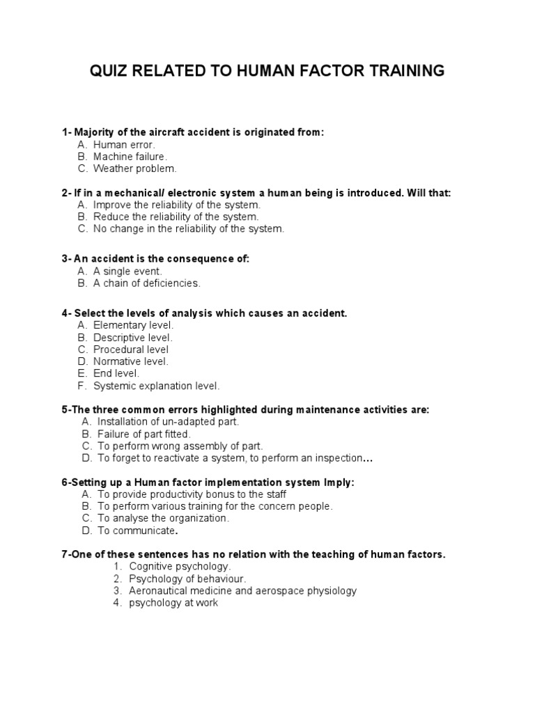 Human Factor Quiz | PDF | Fatigue (Medical) | Reliability Engineering