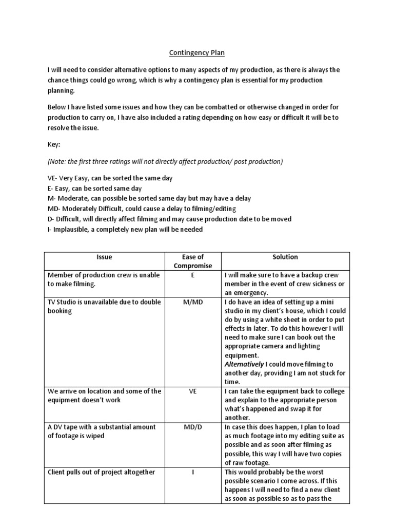 Contingency Plan: (Note: The First Three Ratings Will Not Directly ...