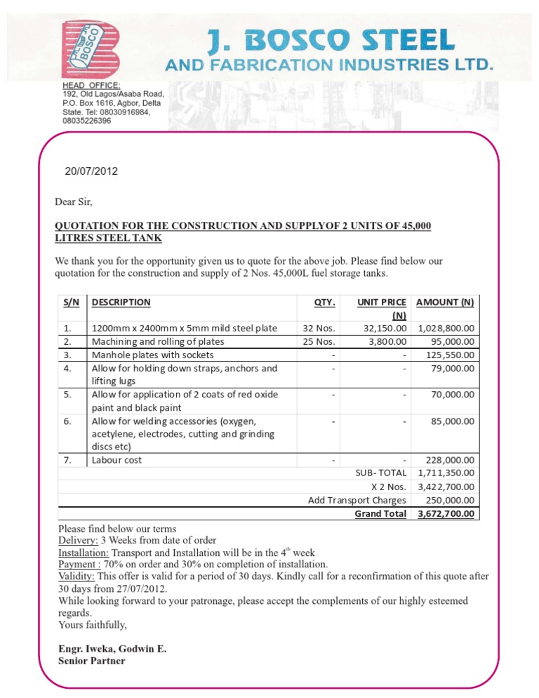 Quotation For Fuel Tanks | PDF