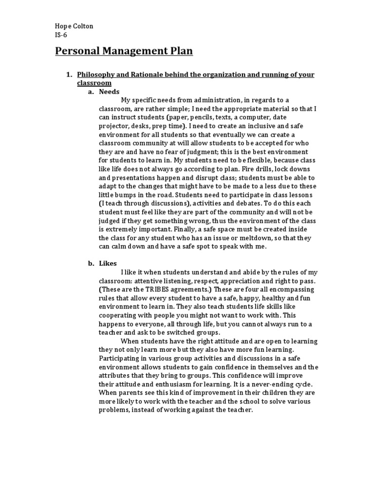 Personal Management Plan | PDF | Classroom | Educational Assessment