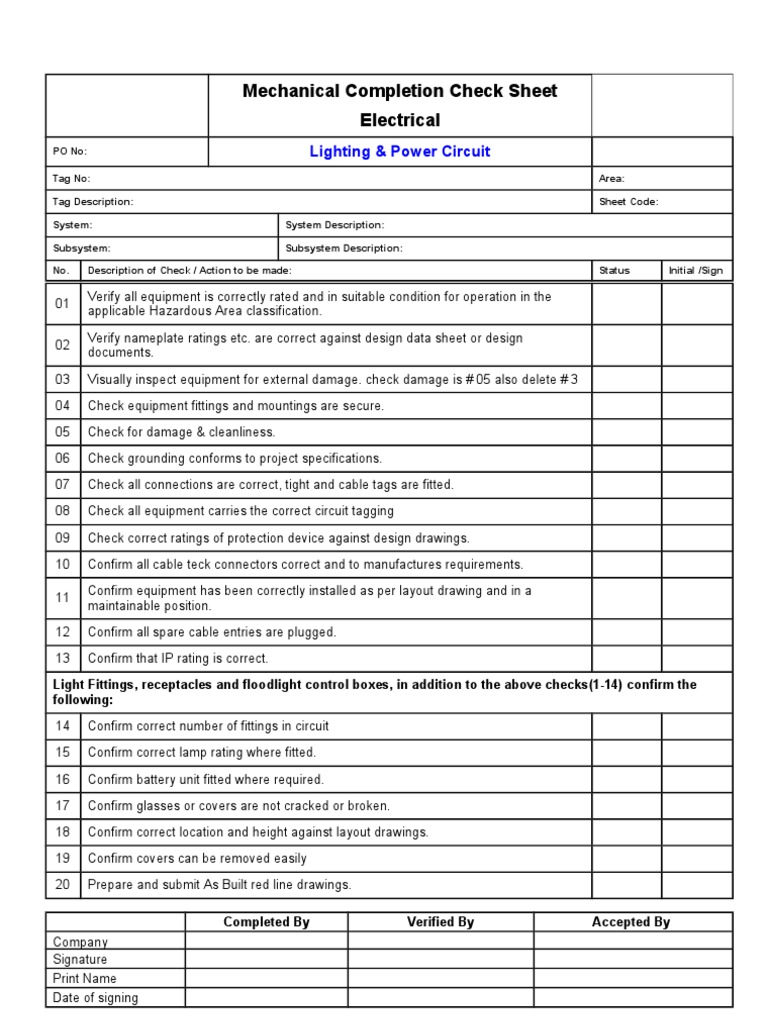 Electrical Mechanical Completion Checklist | PDF