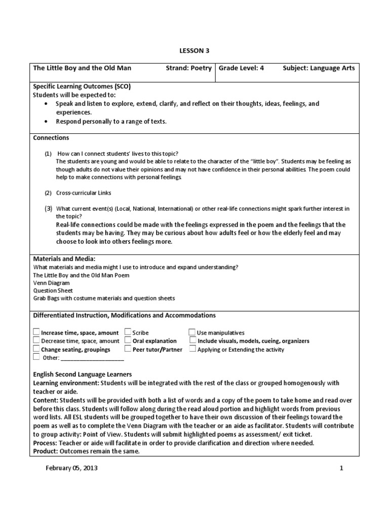 The Little Boy and The Old Man Lesson Plan | PDF | Differentiated ...