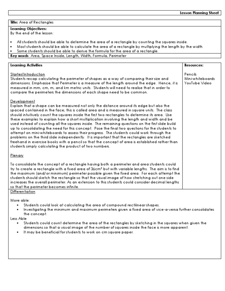 Rectangles Lesson Plan | PDF | Area | Mathematical Concepts