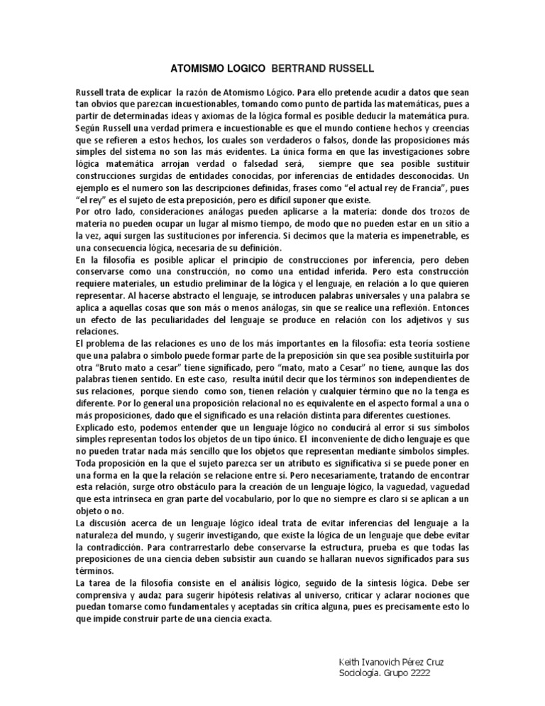 Atomismo Lógico según Bertrand Russell | PDF | Lógica | Bertrand Russell