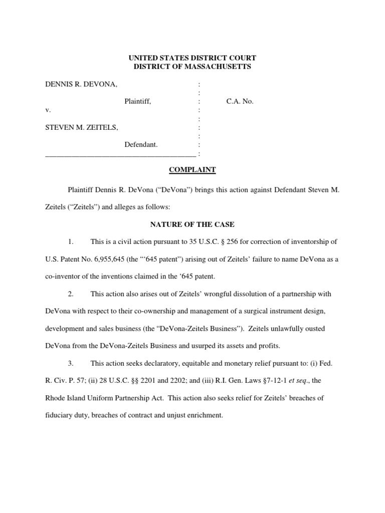 DeVona v. Zeitels | PDF | Patent Application | Patent