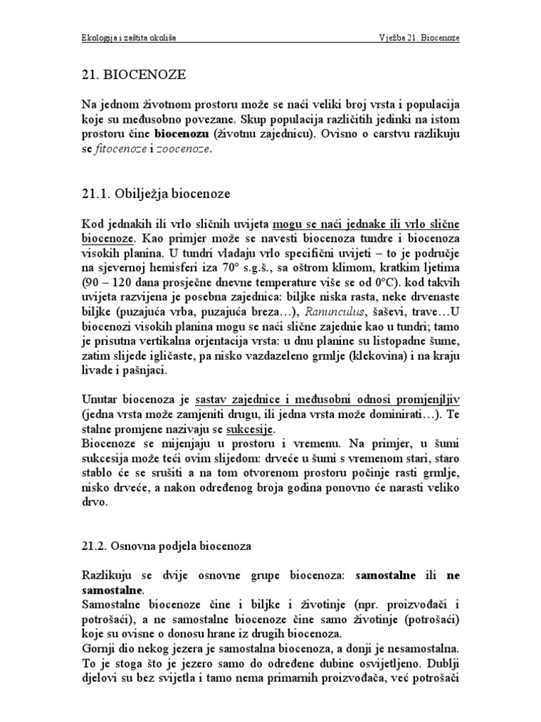 BIOCENOZE 21.1. Obilježja Biocenoze | PDF
