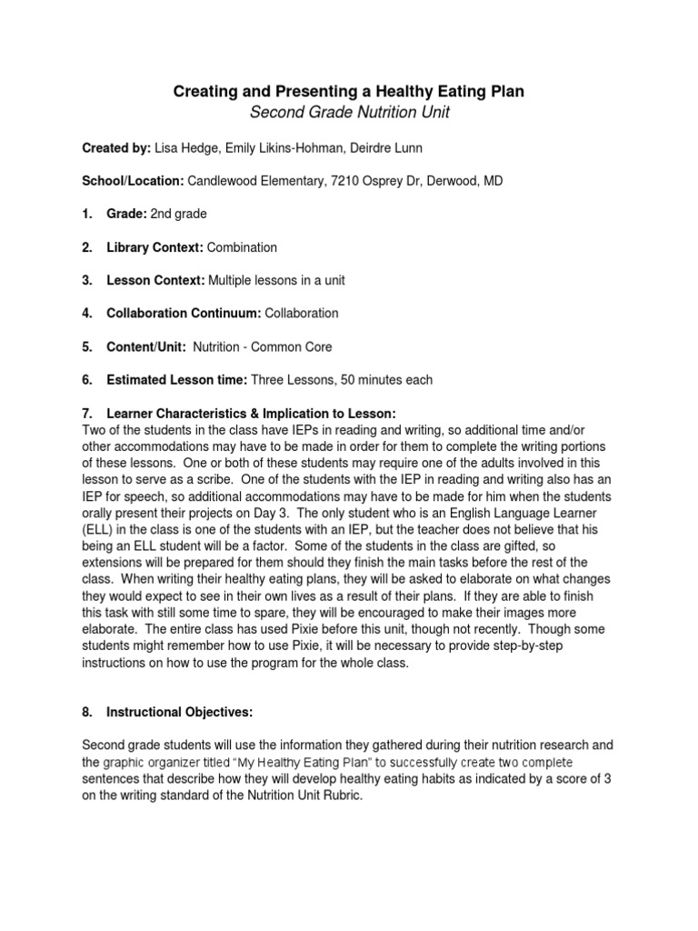 Creating and Presenting A Healthy Eating Plan: Second Grade Nutrition ...