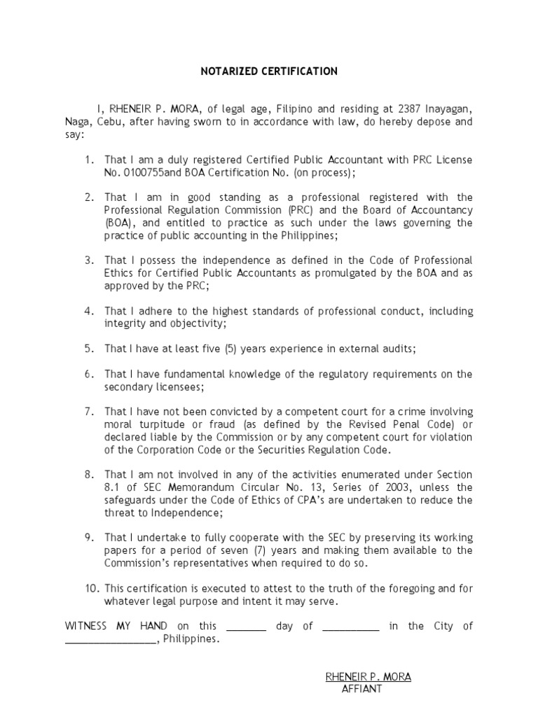 Notarized Certification | Certified Public Accountant | Accountant