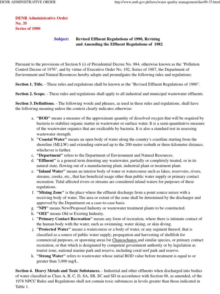 Revised Effluent Regulations of 1990 - EMB-DeNR | PDF | Wastewater ...