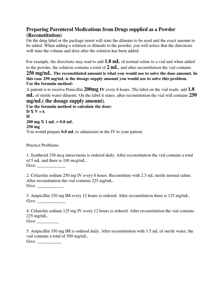 Pharm (Nursing) Dosage Practice Problems - Reconstitution With Answers ...