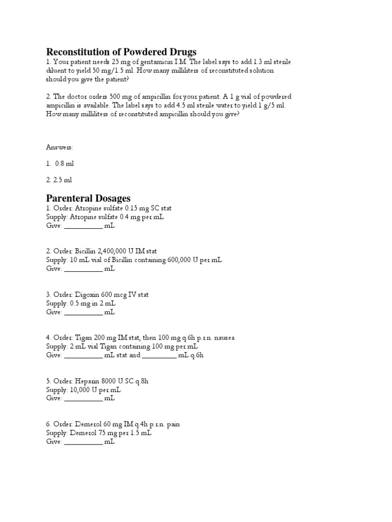 Pharm (nursing) Dosage Practice Problems- reconstitution with answers 2 ... Pharm (nursing) Dosage Practice Problems- reconstitution with answers 2 ...