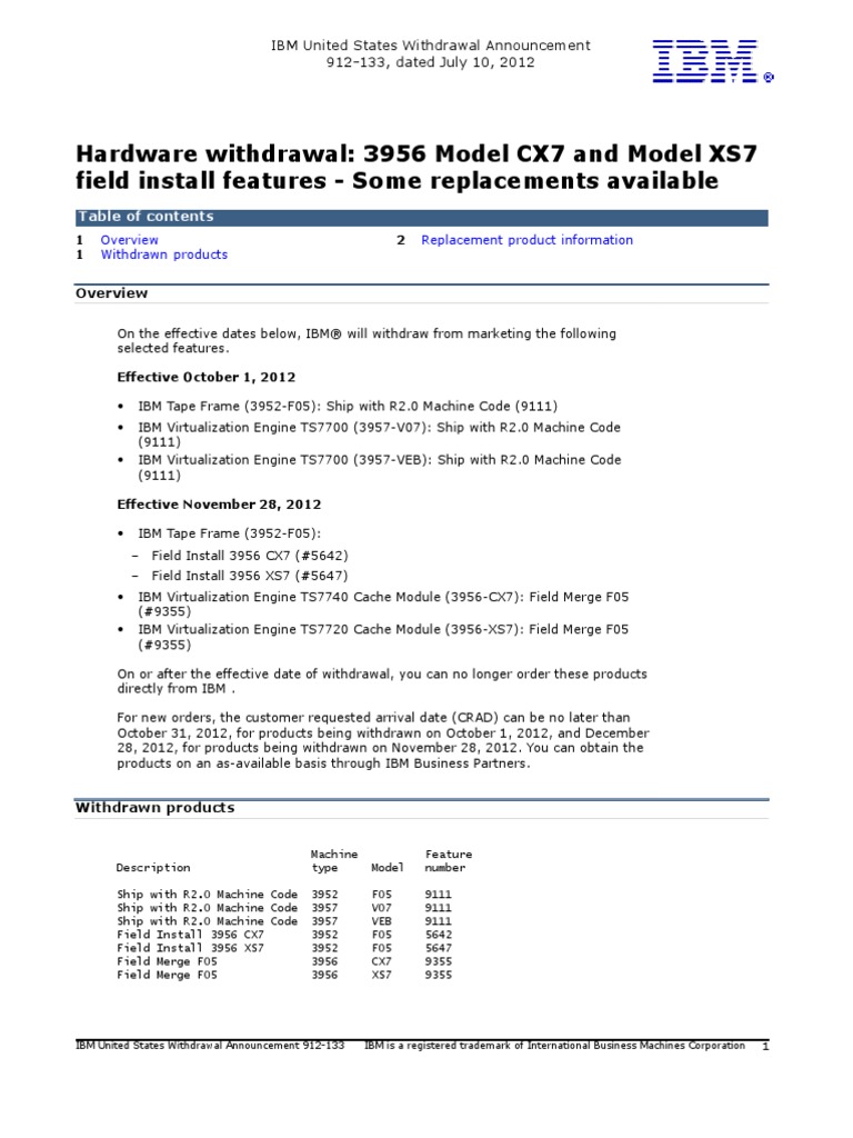 Hardware Withdrawal: 3956 Model CX7 and Model XS7 Field Install ...