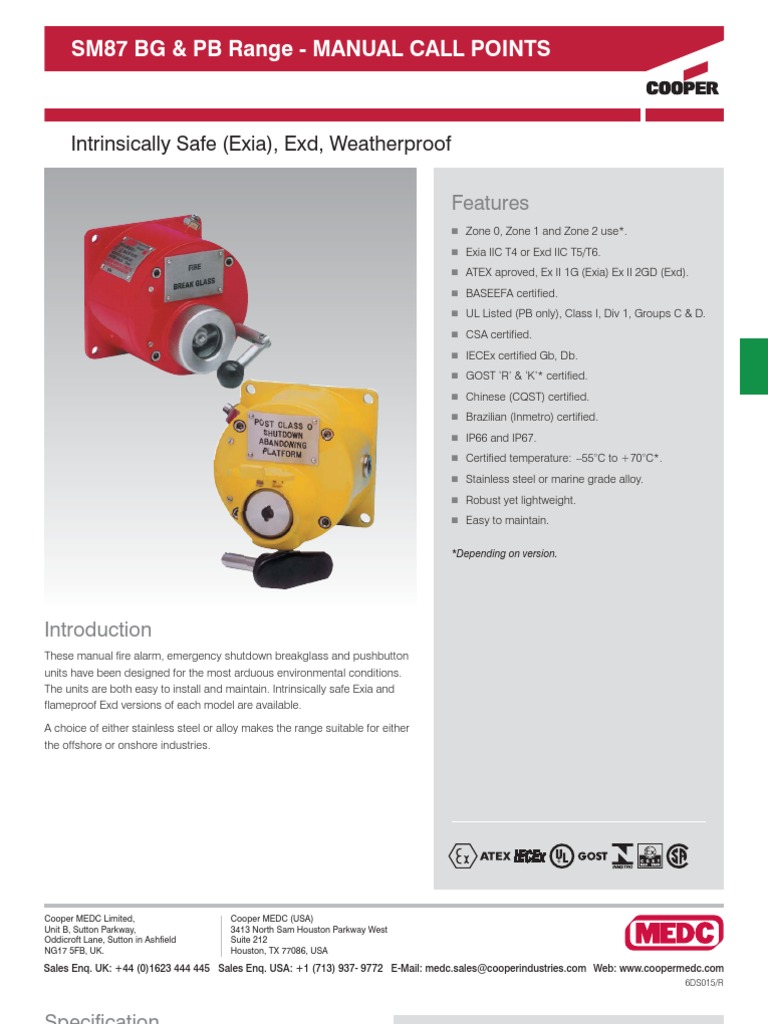 Sm87 BG & PB Range - Manual Call Points: Intrinsically Safe (Exia), Exd ...