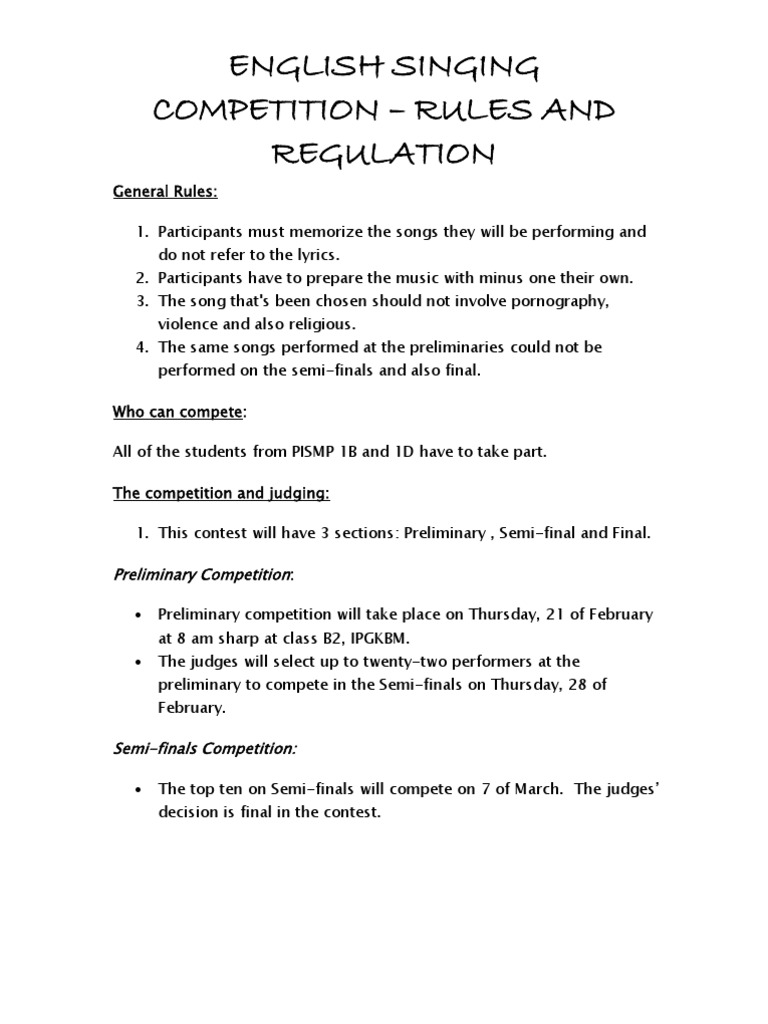 English Singing Competition Rules | PDF | Self-Improvement | Science ...