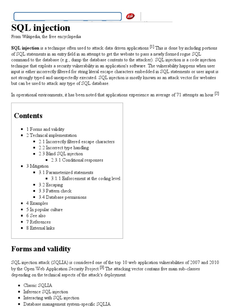 SQL Injection - Wikipedia, The Free Encyclopedia PDF | PDF ...