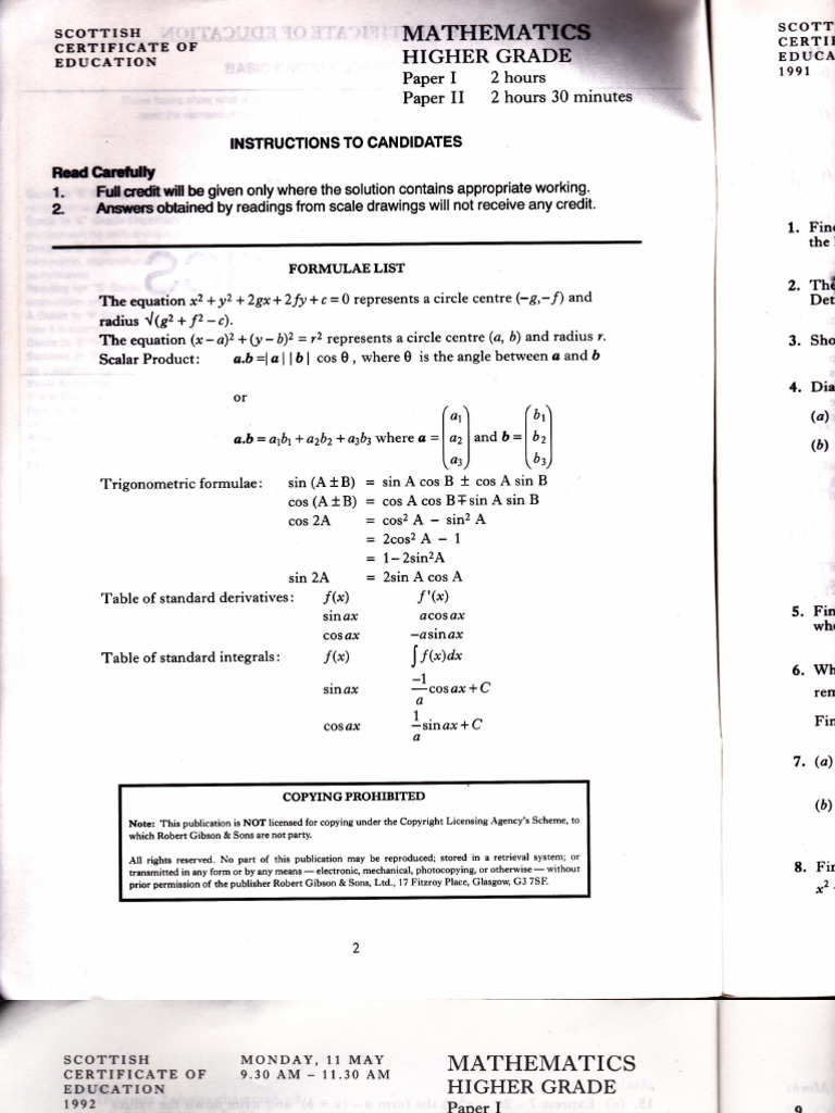 SQA Higher Maths Exam 1992 | PDF | Trigonometric Functions | Sine