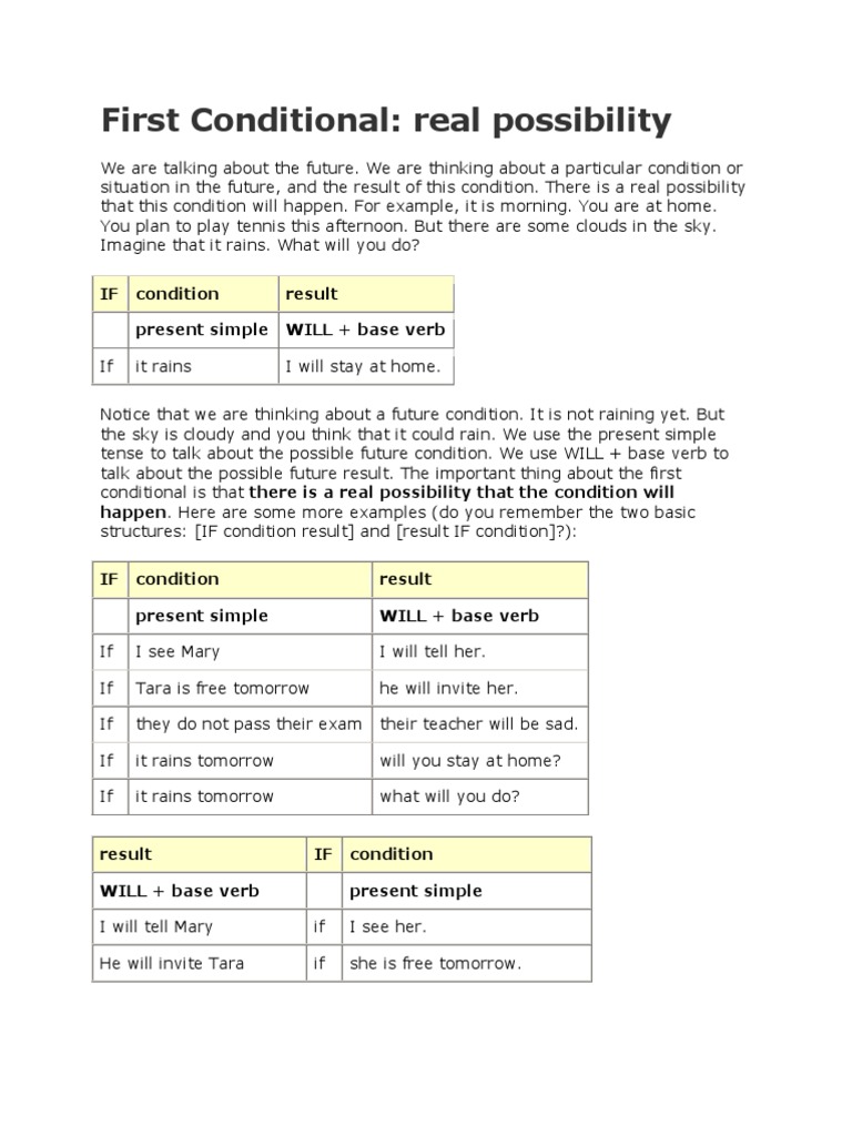 First Conditional: Real Possibility: IF Condition Result Present Simple ...
