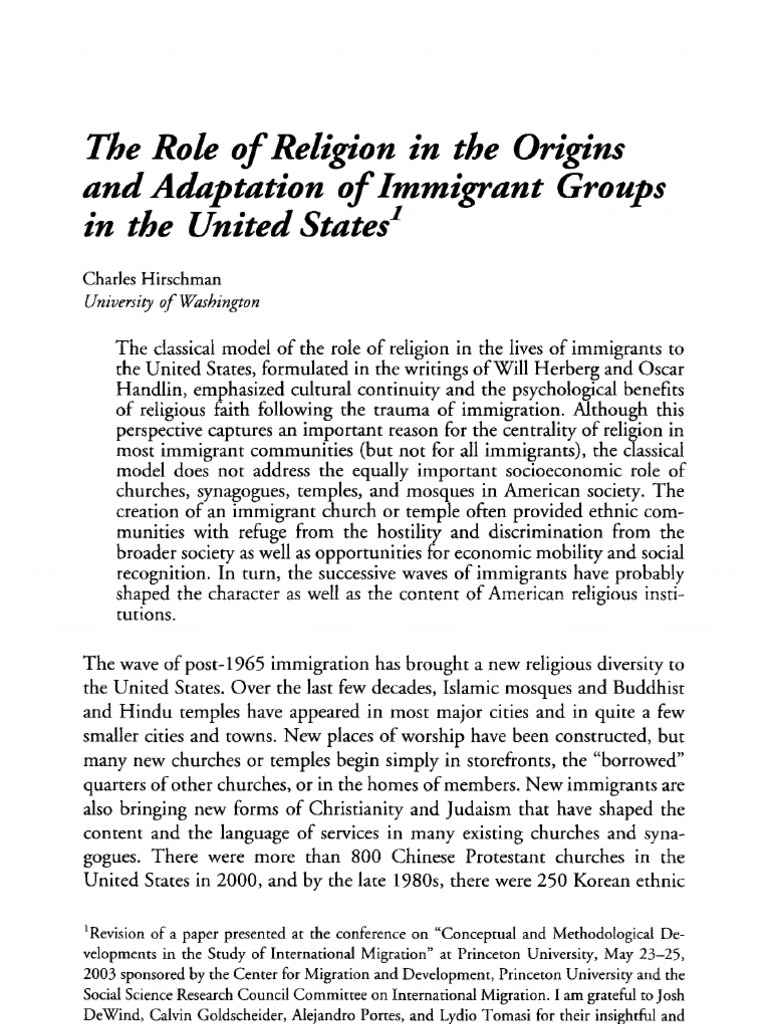 The Role of Religions in The Origins and Adaptation of Immigrant Groups ...