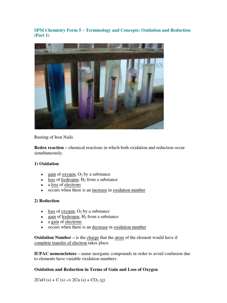 SPM Chemistry Form 5 - Terminology and Concepts: Oxidation and ...