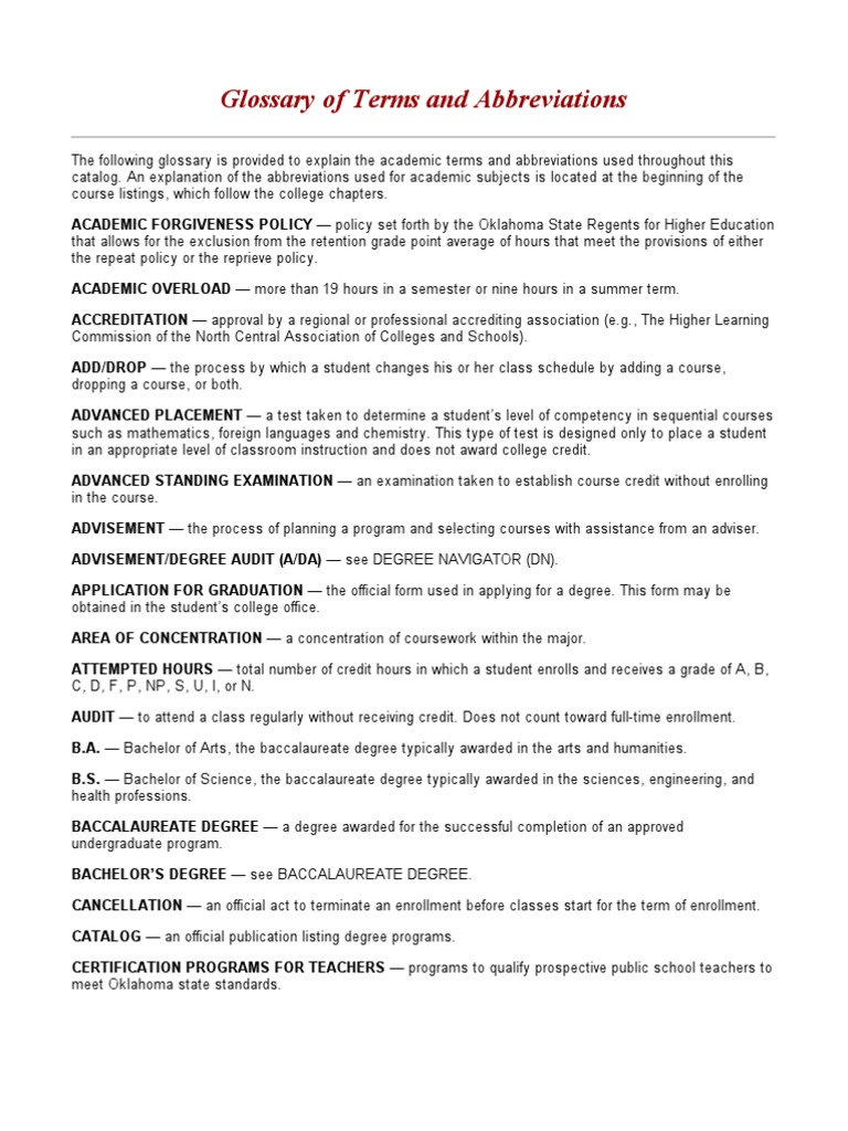 Glossary of Education and Co | PDF | Graduate School | Course Credit