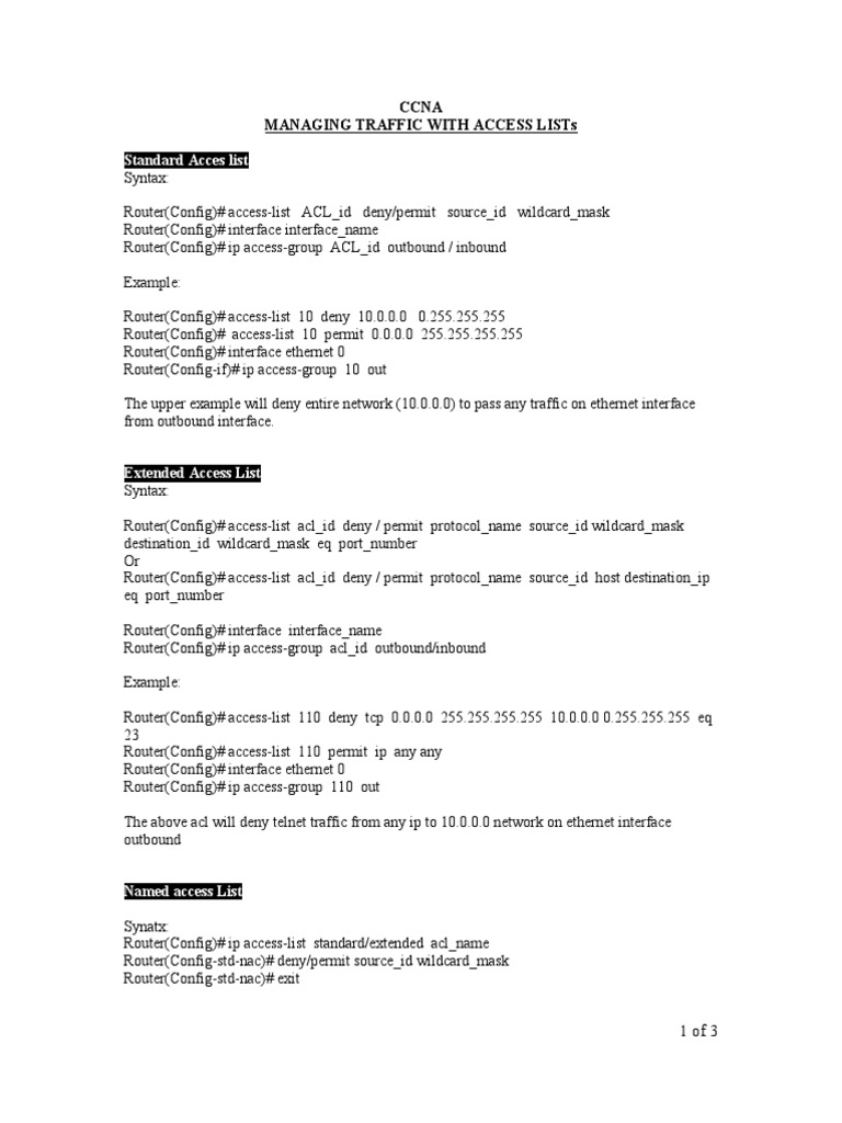 Standard Acces List: Ccna Managing Traffic With Access Lists | PDF