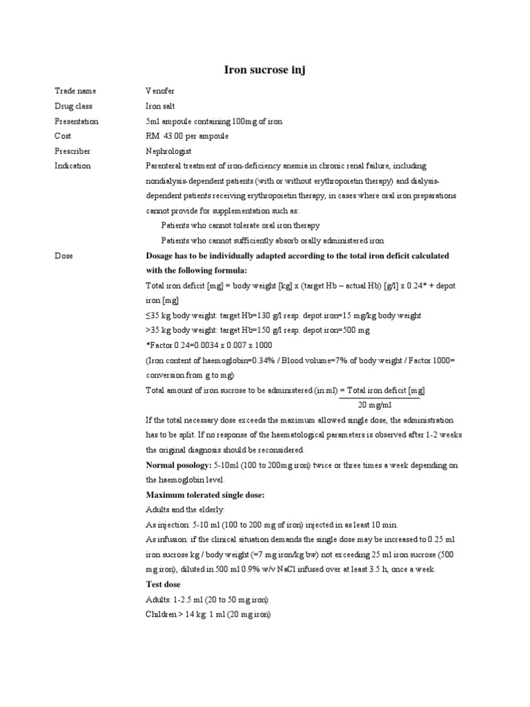 Iron Sucrose | PDF | Injection (Medicine) | Pharmacology