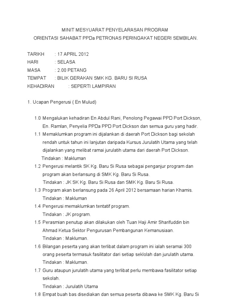 Minit Mesyuarat Penyelarasan Program Sahabat Ppda | PDF
