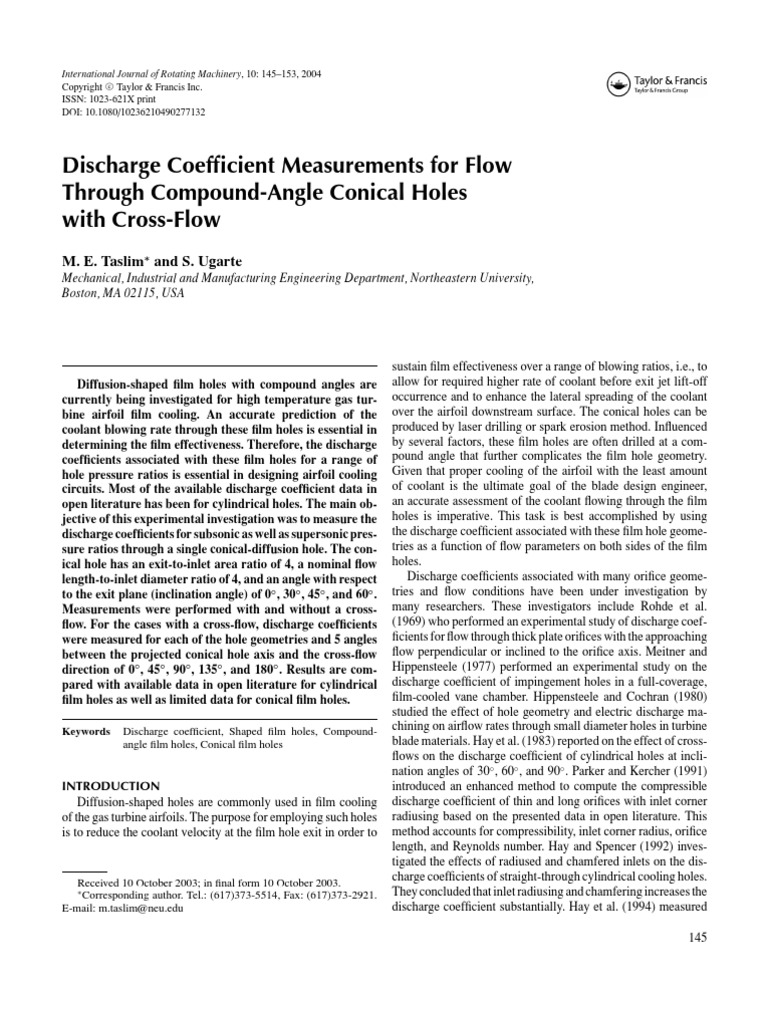 Discharge Coefficient Measurements For Flow Through Compound-Angle ...