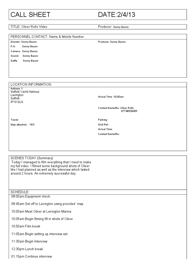 Oliver Rofix Video Shoot Call Sheet | PDF