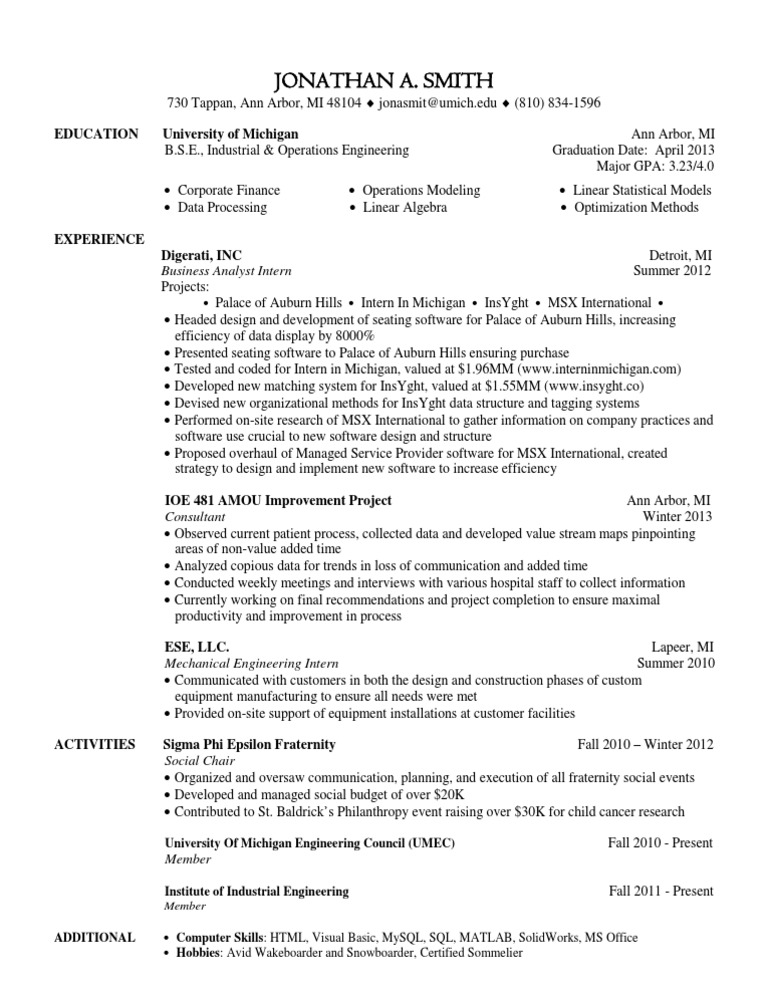 Jon Resume | PDF | University Of Michigan | Engineering