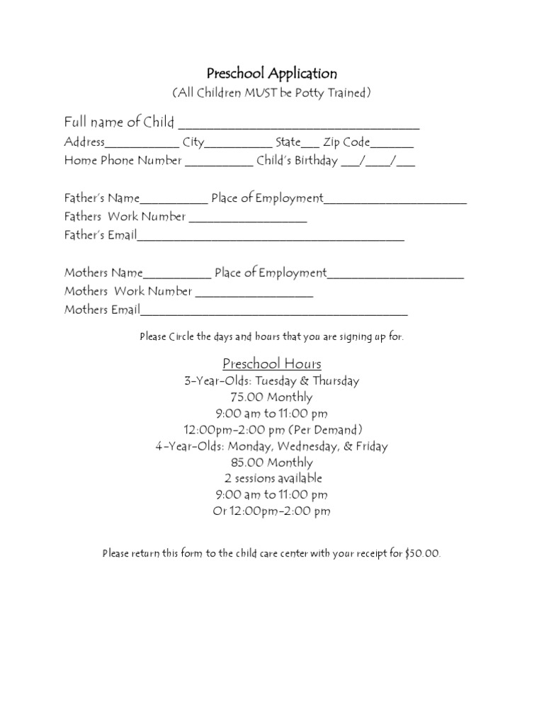 Preschool Application Form for Parents | PDF