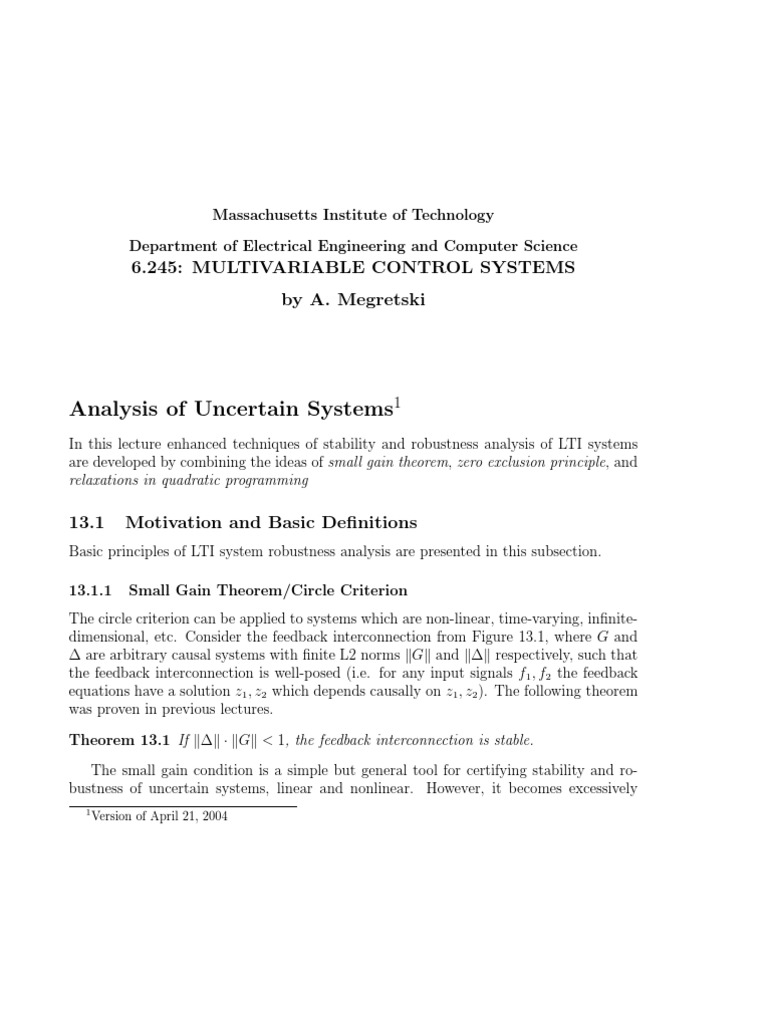 Analysis of Uncertain Systems | PDF | Matrix (Mathematics) | Algebra