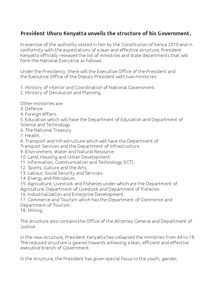 President Uhuru Kenyatta - Government Structure | PDF