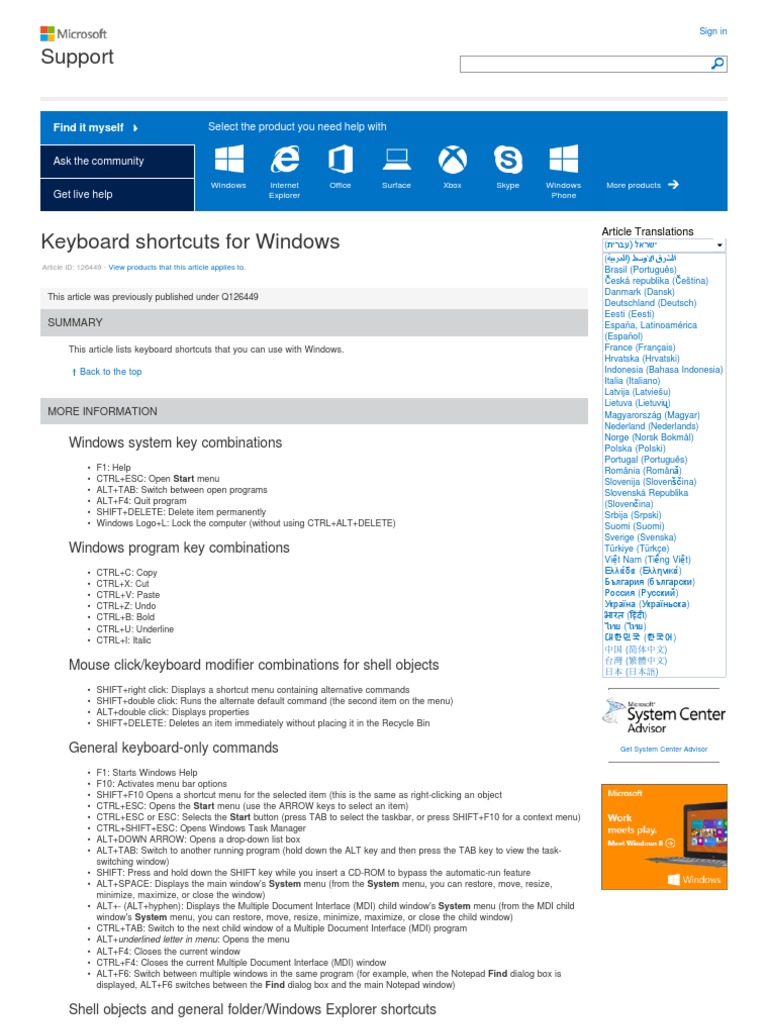 Support: Windows System Key Combinations | PDF | Microsoft Windows ...