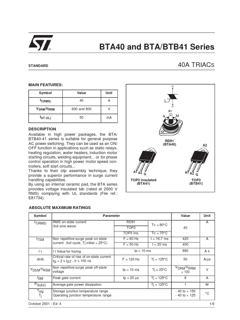 BTA40 and BTA/BTB41 Series: 40A Triac | PDF | Relay | Electrical ...