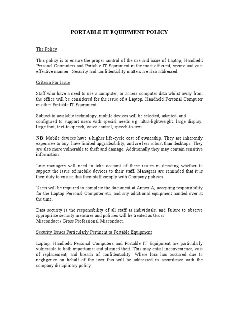Portable IT Equipment Policy | PDF | Laptop | Mobile Device