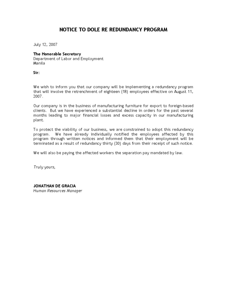 Notice To DOLE Re Redundancy Program | PDF