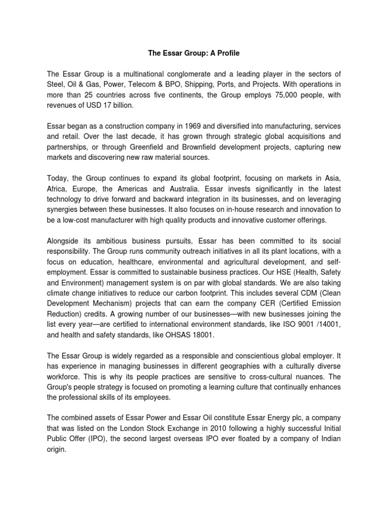 The Essar Group: A Profile | PDF | Industries | Energy And Resource
